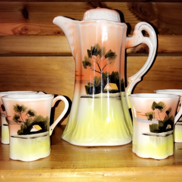 Dining | Vintage Handpainted 5pc Pitcher Cup Set | Poshmark